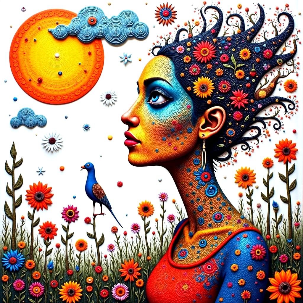 Looking at the Sky - Whimsical Zentangle Oil Painting of a W...