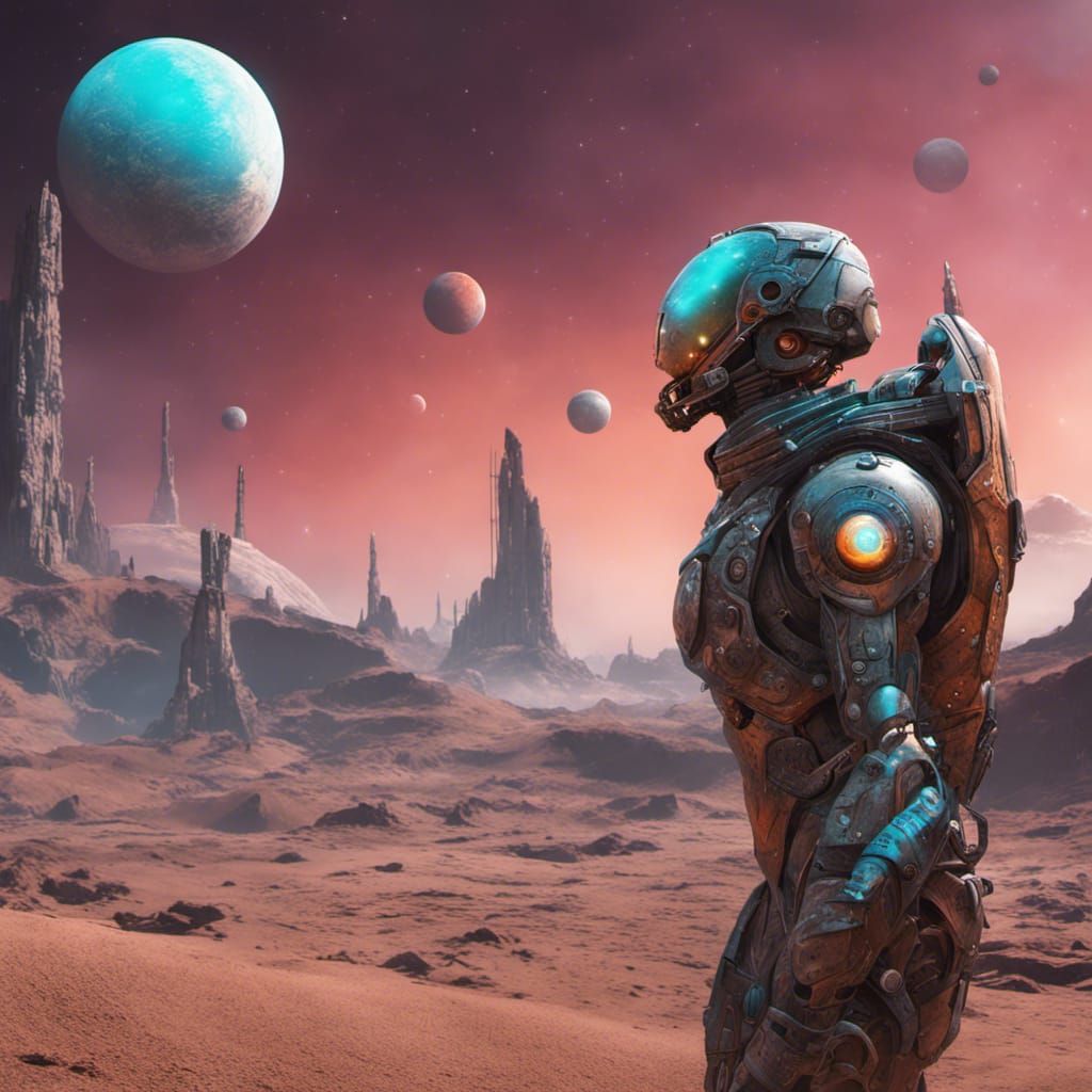 A cyborg on an alien planet looking up at three moons - AI Generated ...