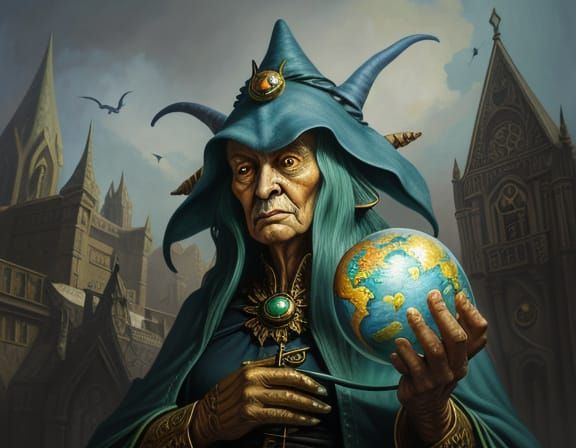 Elf Sage in a Surrealist Oil Painting Near Library - AI Art