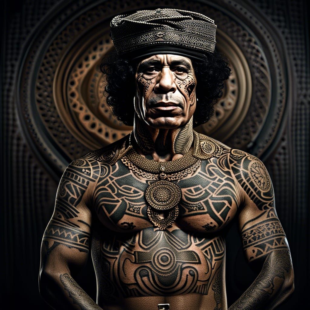 Muammar-Gaddafi with a full-body-maori-tattoo, intricate details, HDR ...