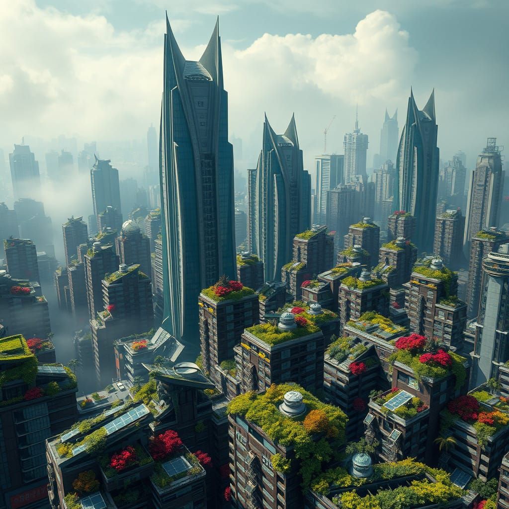 Ethereal Cityscapes with Solar Panels and Rooftop ... - AI Art