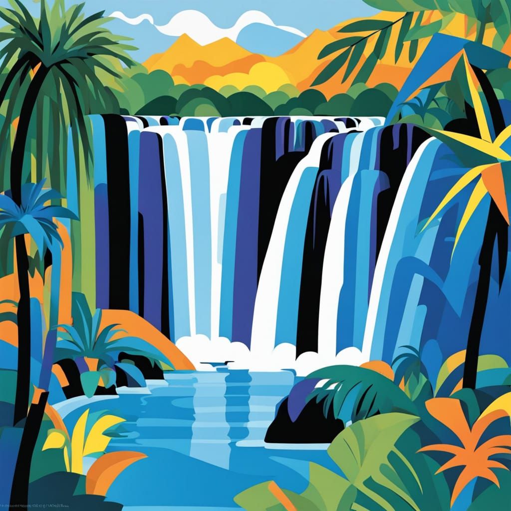Iguazú Falls 3 - Vibrant Jungle Waterfalls in Cubist Style