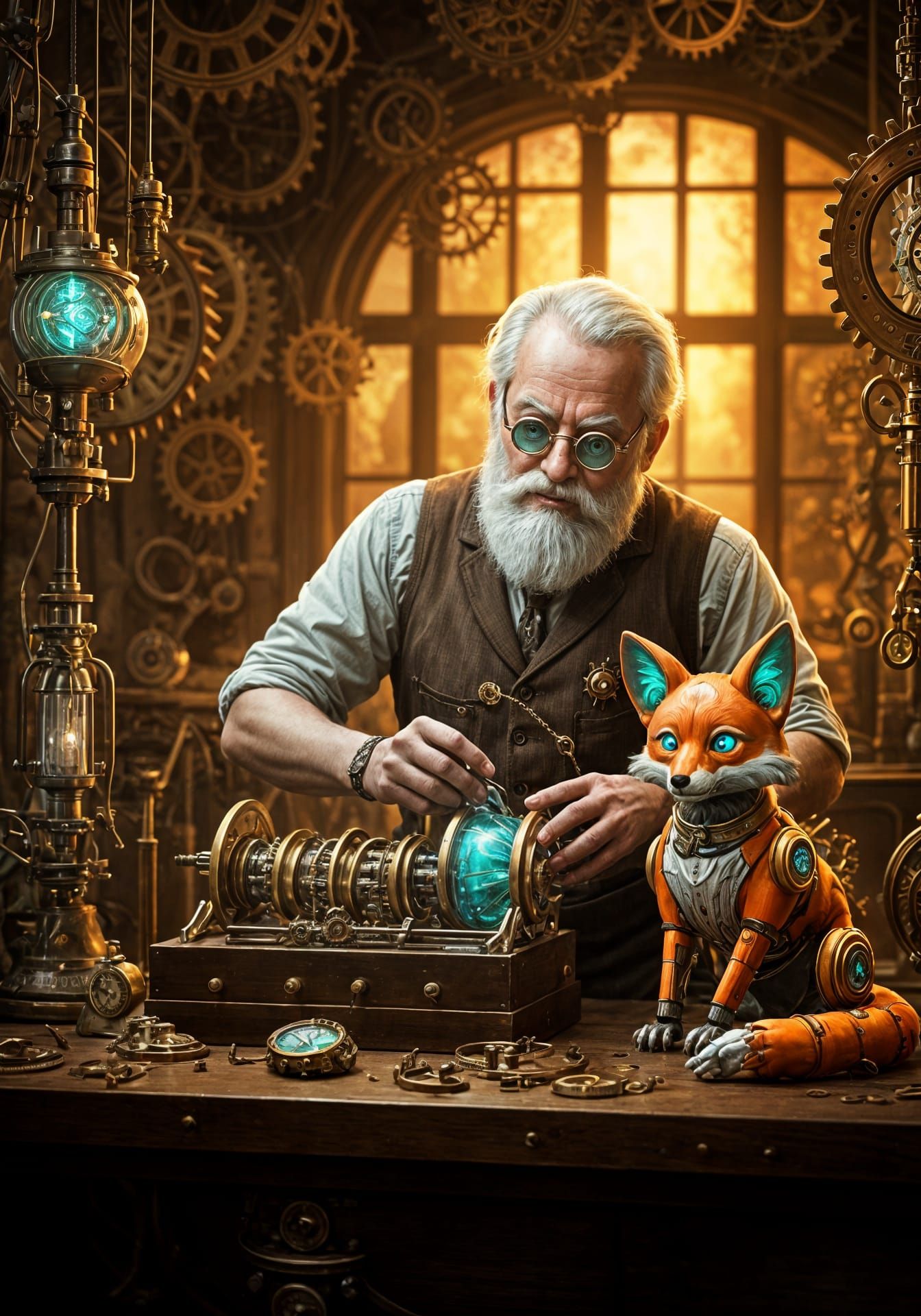 Digital art with magical aesthetic. An elderly eccentric inventor with ...
