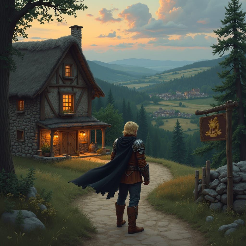 Rustic Inn at Dusk with a Warrior - AI Art