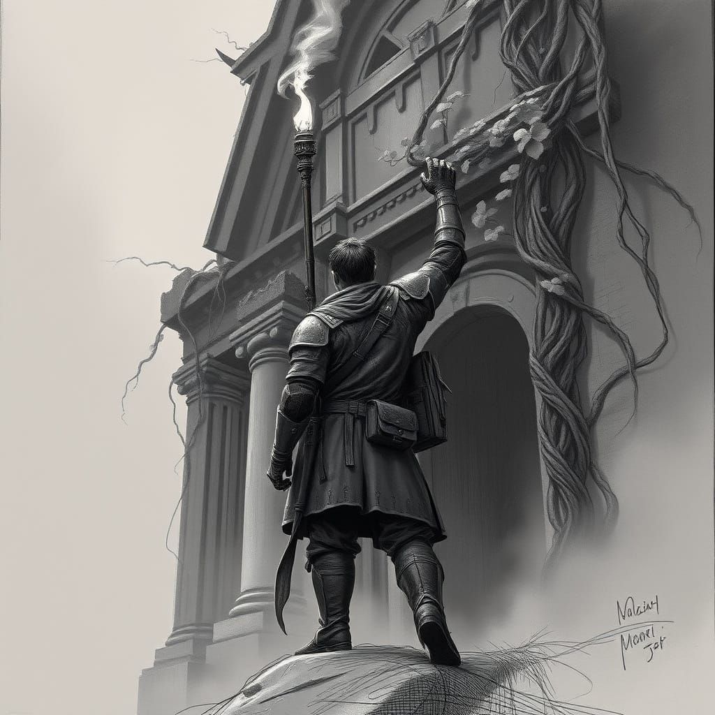 Temple Explorer Drawing - Explorer at Crumbling Temple: Atmo...