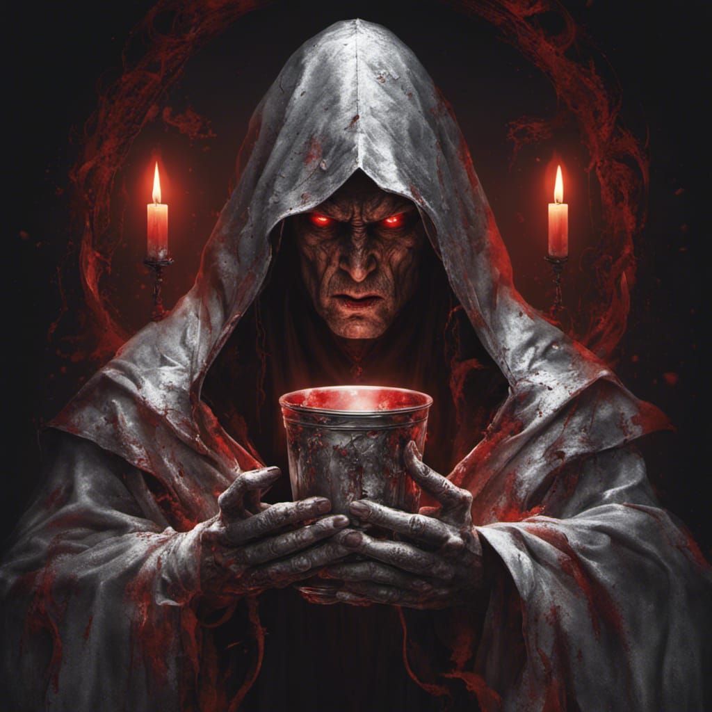 satanist priest in cloak and hood red eyes raising a silver cup - AI ...