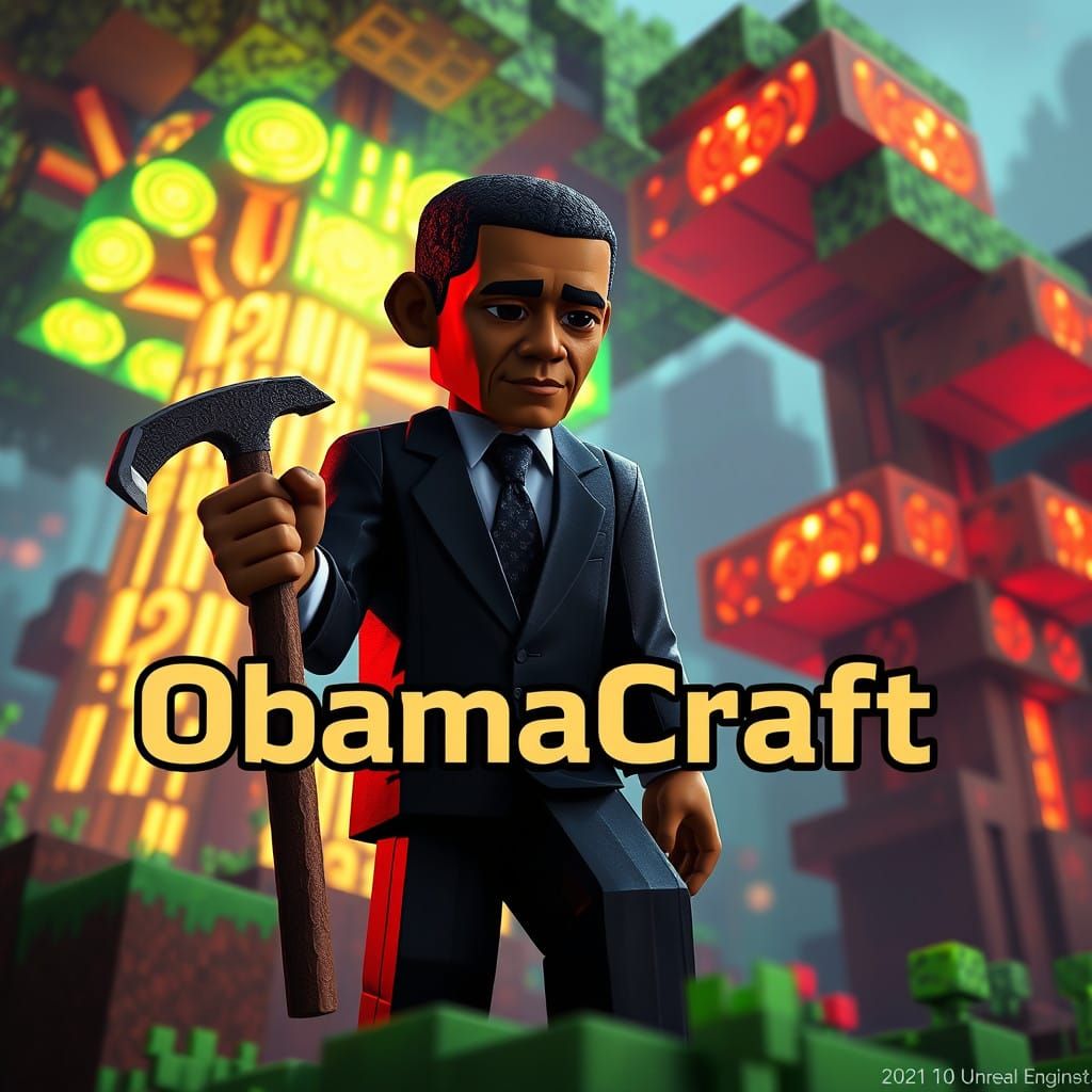 Barack Obama in Minecraft he is mining a tree with a pickaxe words ...