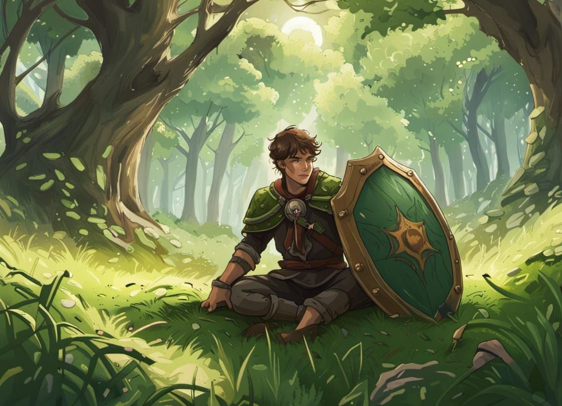 strong young man waking up in a glade full of grass. The glade is ...