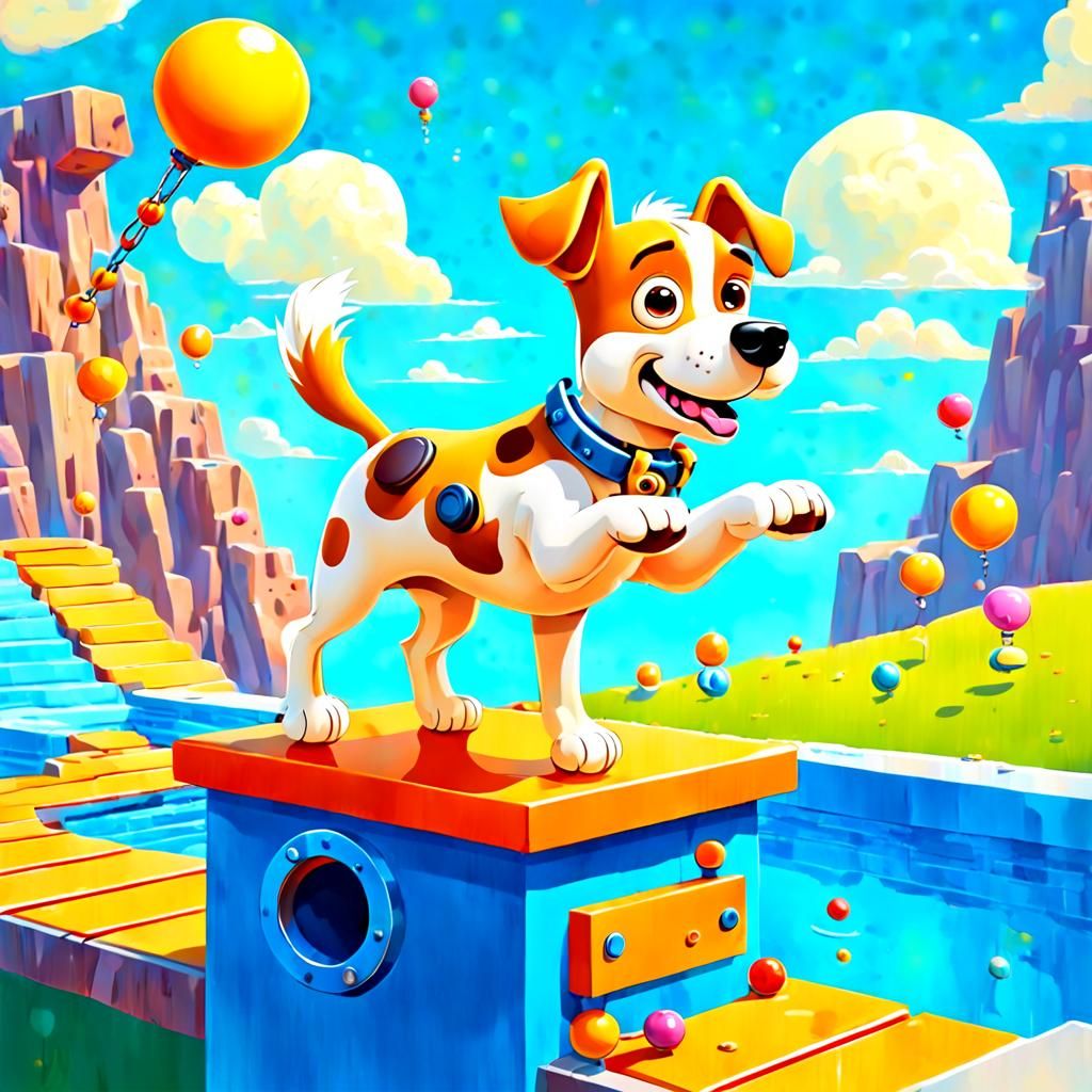 a cute cartoon dog on a (diving board made of a conglomerate of Rube ...