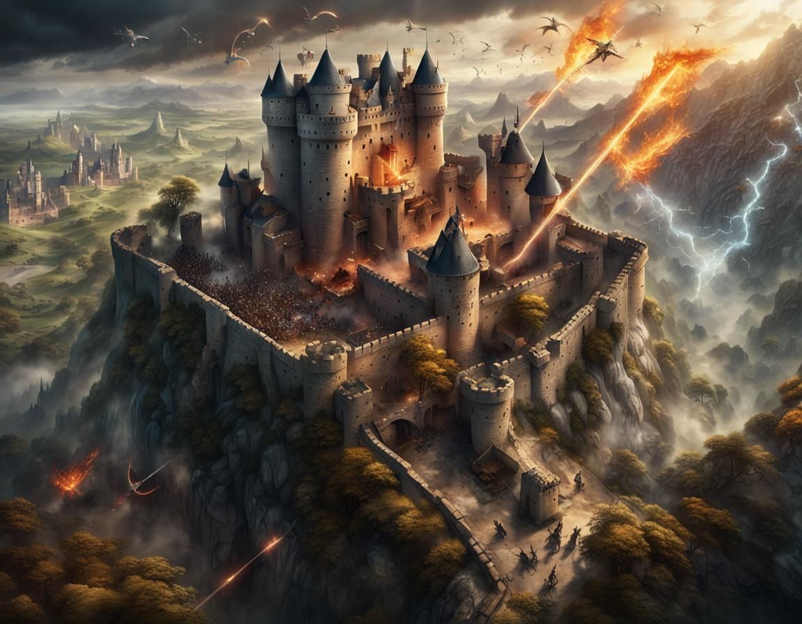 An aerial view of a besieged castle in a medival fantasy setting. There ...