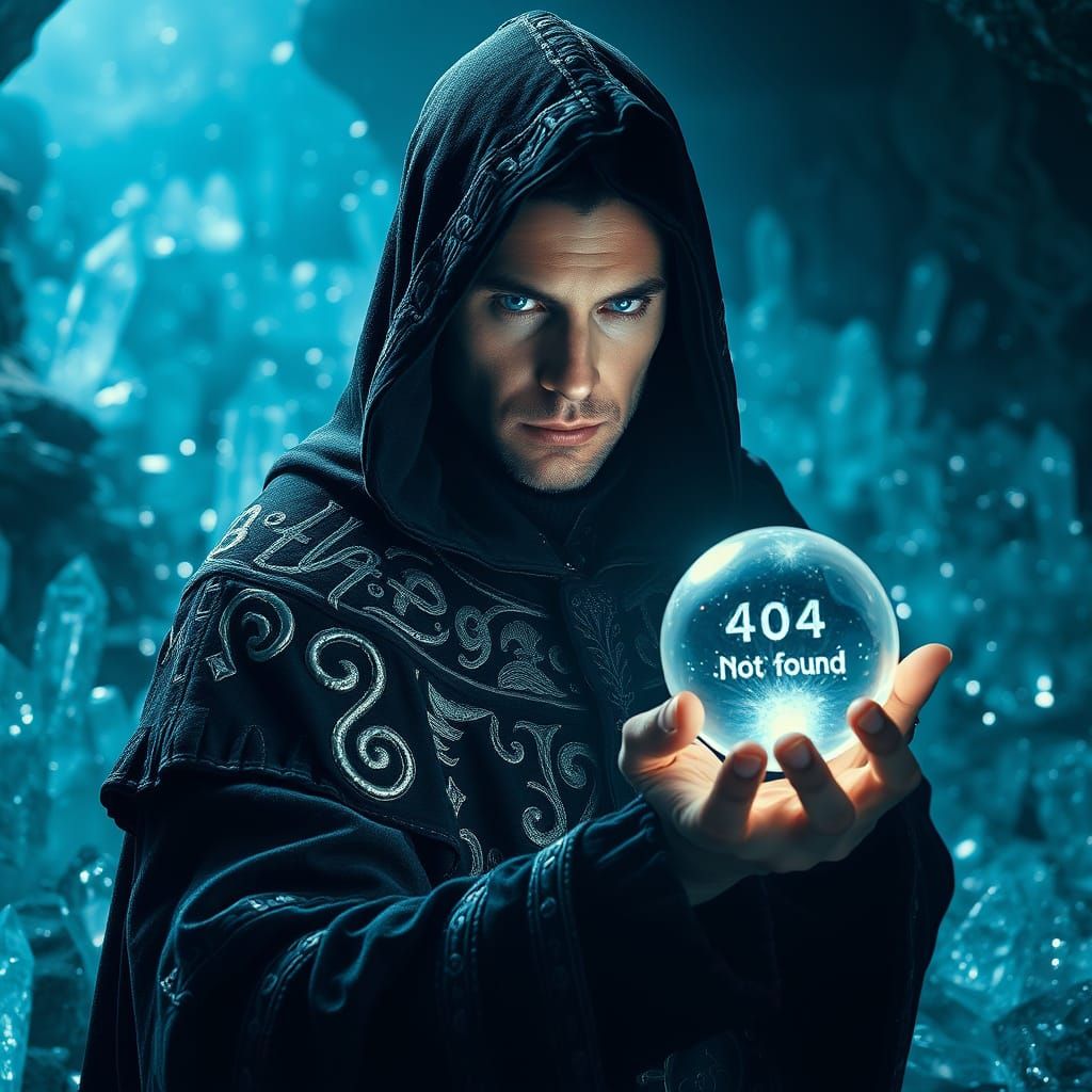 A mysterious sorcerer, wearing an elaborate black cloak adorned with ...