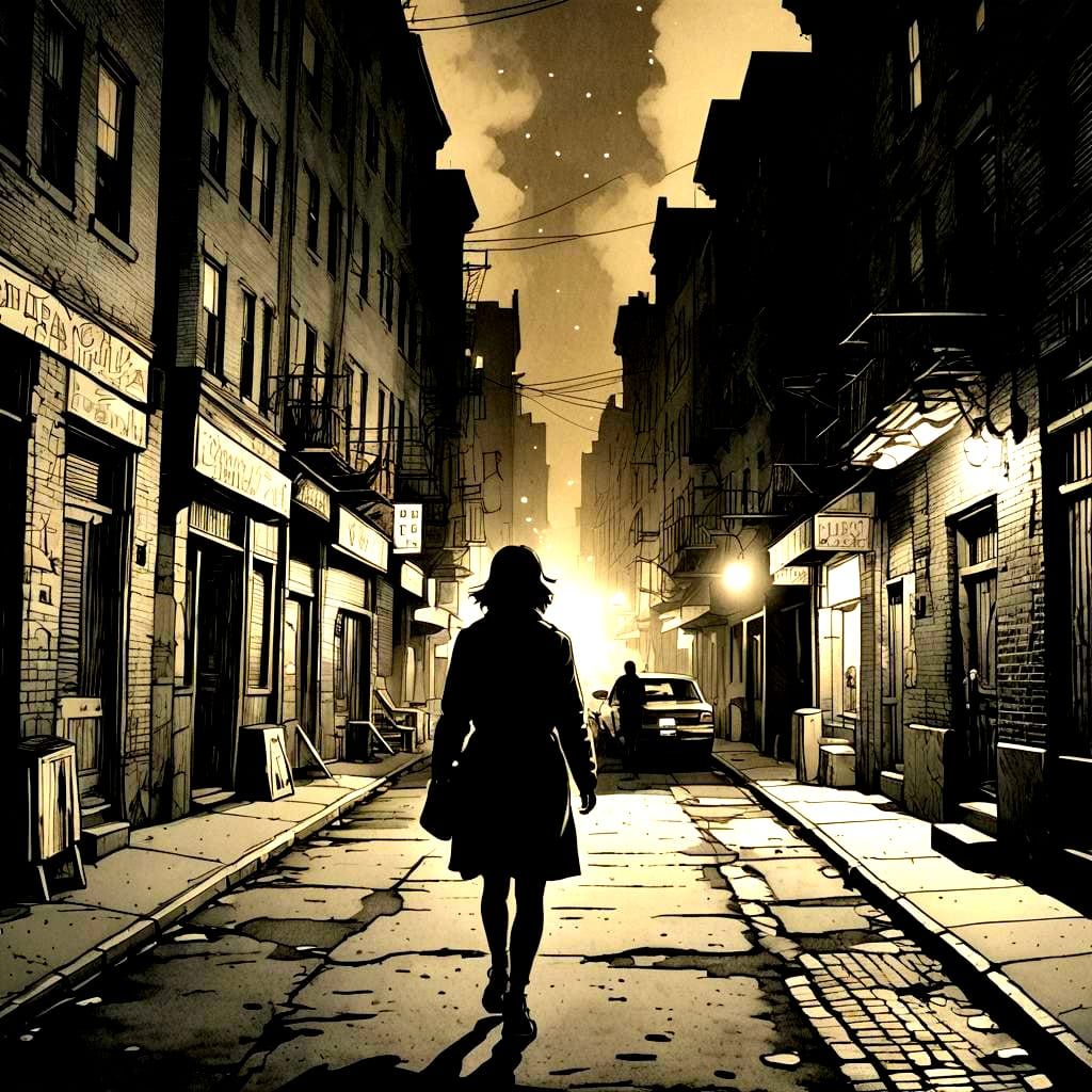 Comic style cross etching 20 year old girl walking along the road at ...