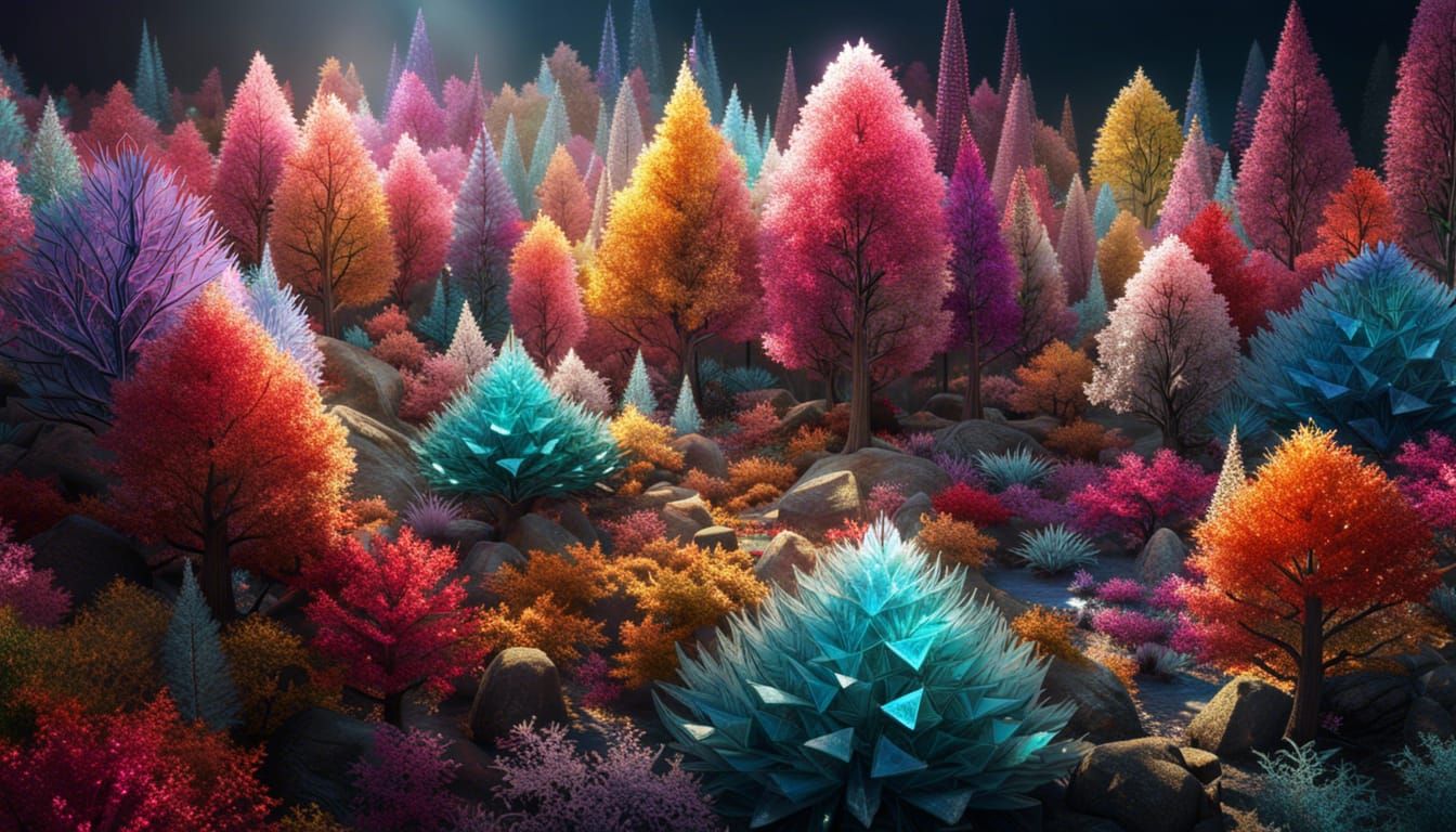 colorful crystal forest, trees made of crystals, 8k resolution ...