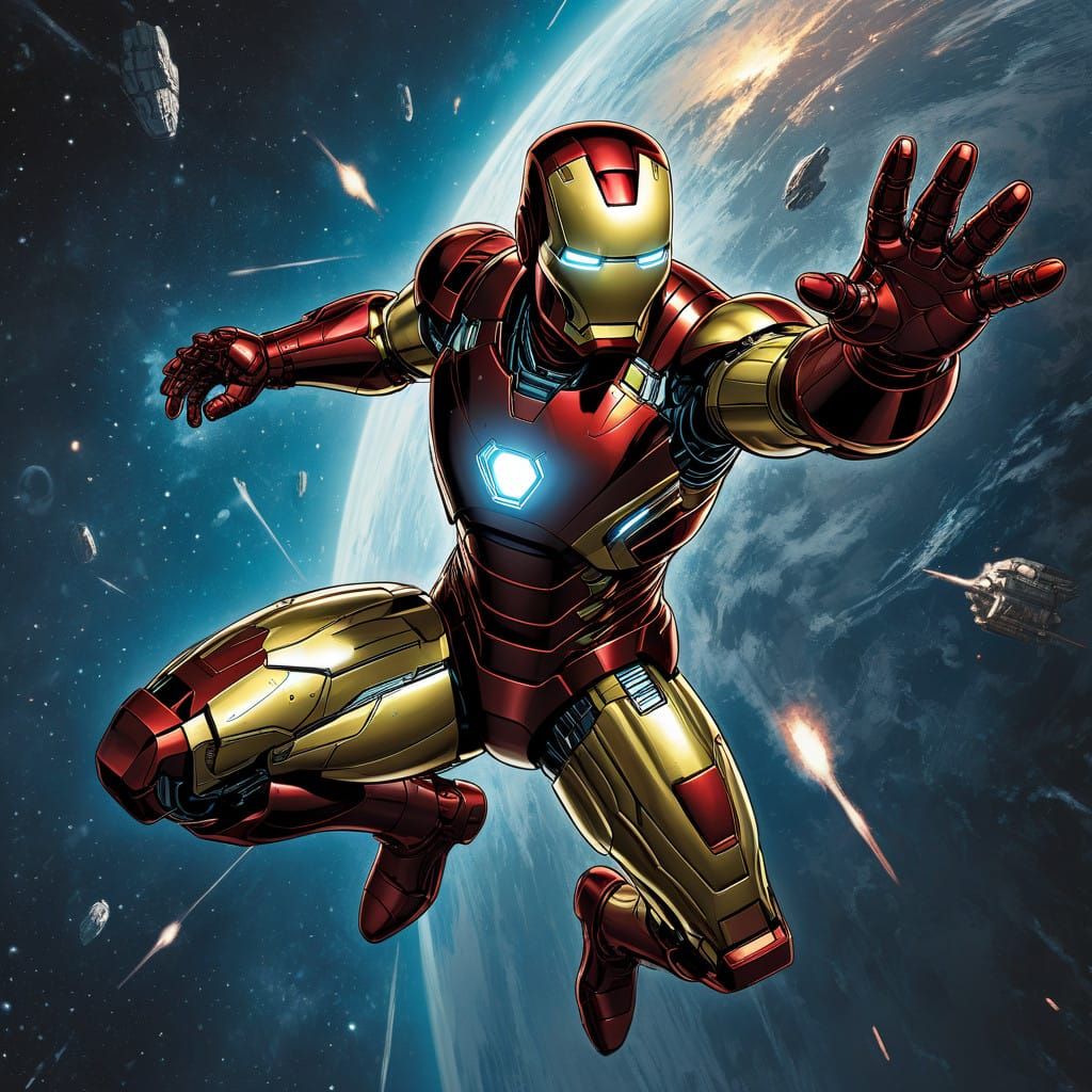 Iron Man in Cosmic Flight with Distinctive Gauntle... - AI Art