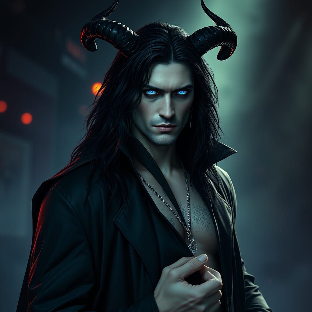 Gothic Satyr in Cobalt Blue Eyes, Raven Black Hair... - AI Art