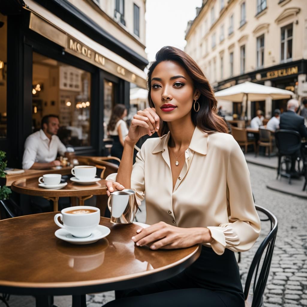 a woman sitting at a table with a cup of coffee outside a European café ...