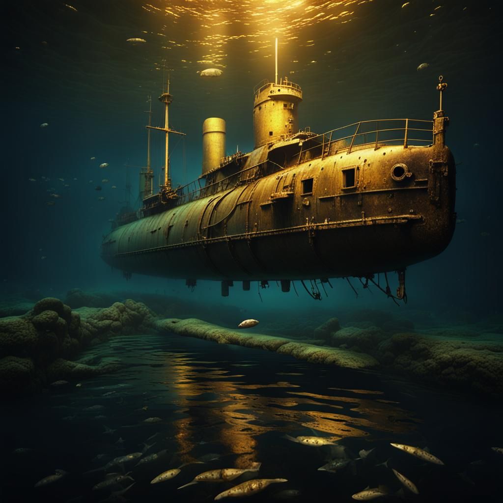 An underwater submarine, golden lights - AI Generated Artwork ...