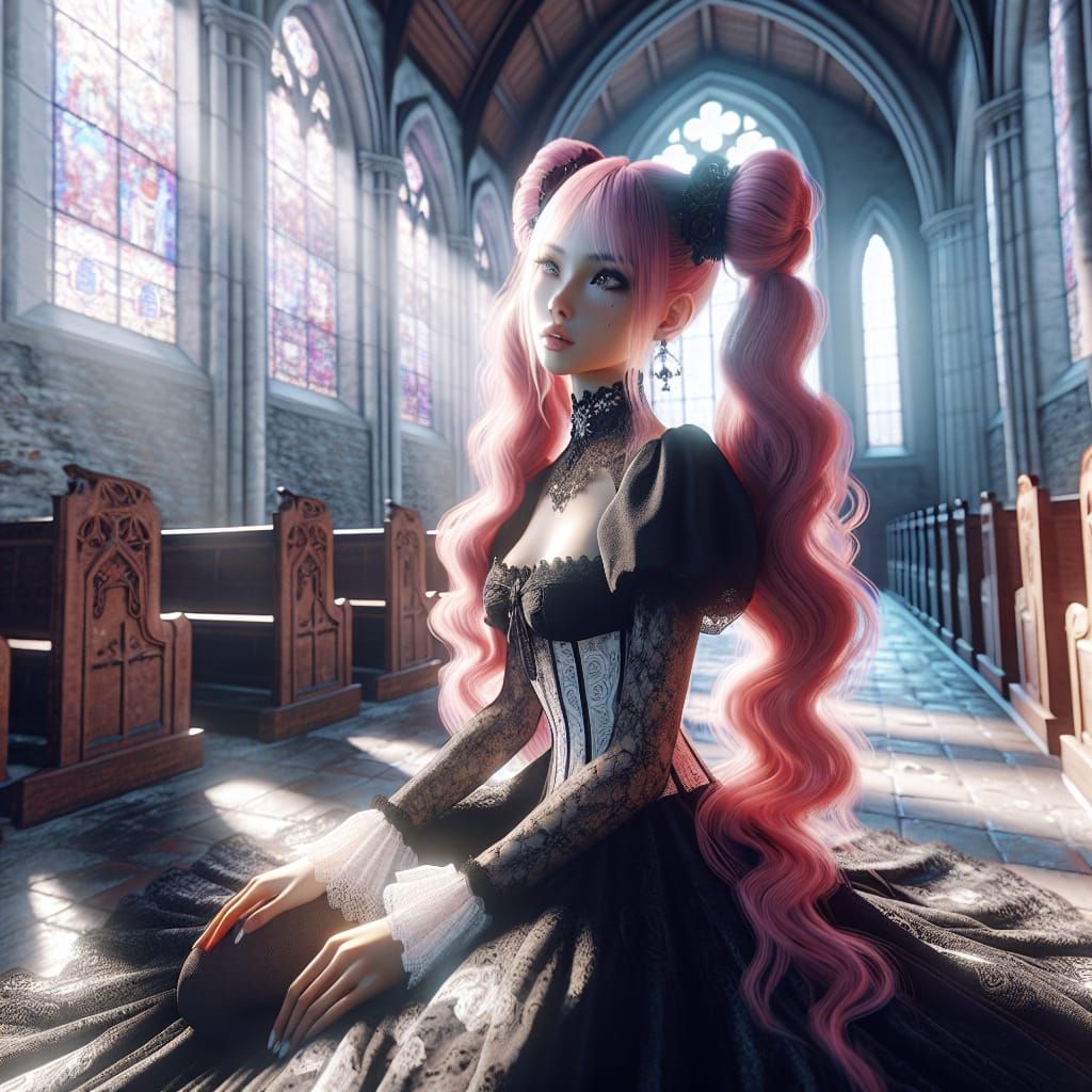 The image is of a gothic woman with extremely long pink hair in twin ...