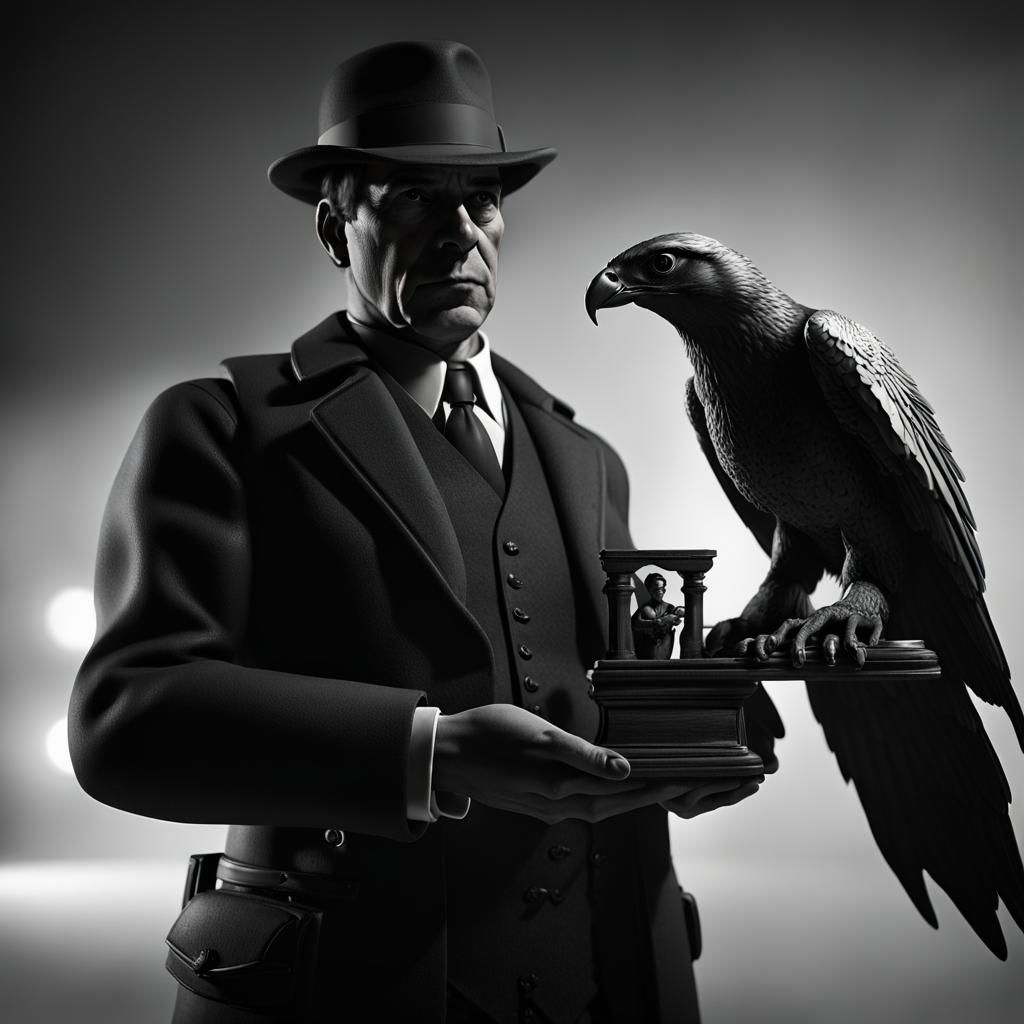 Sam Spade holding a black falcon statuette, scene is dark, noir, smoky ...