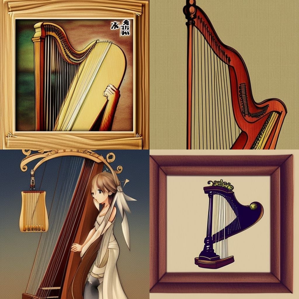 A harp with two pieces of thread with a wooden, square frame. - AI ...