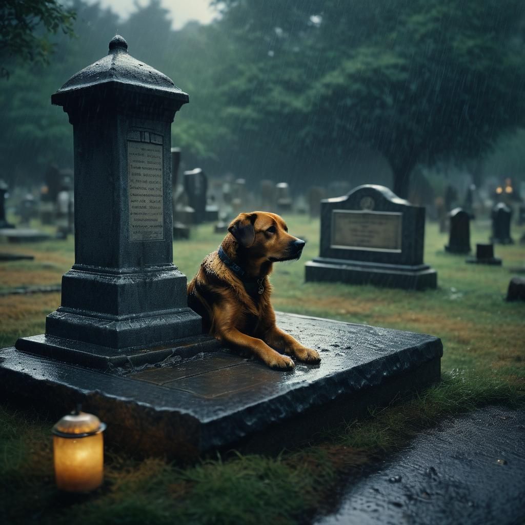 A man's best friend - Dog Sits Vigil by Rainy Grave Site in ...