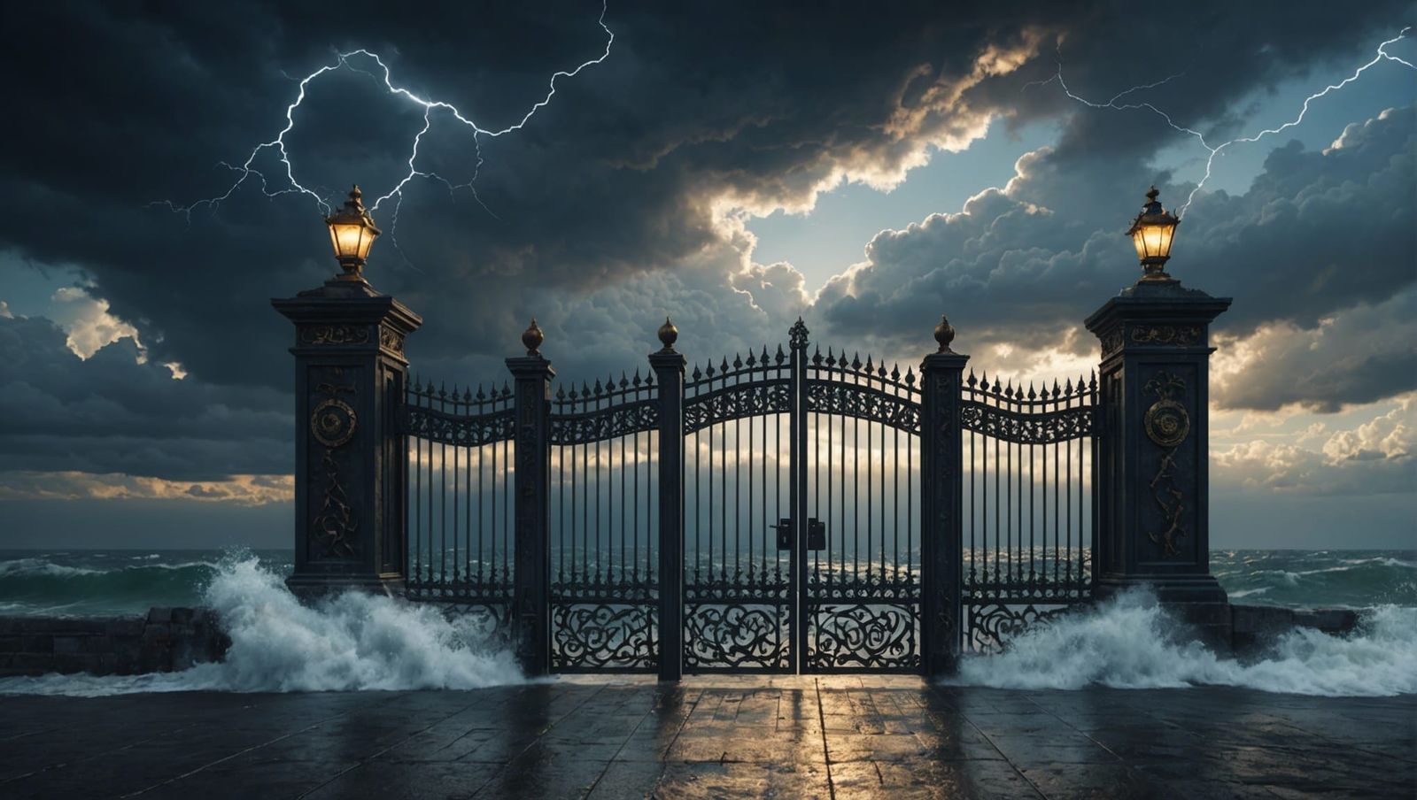 gate surrounded by clouds, behind the gate there is an ocean, dark ...