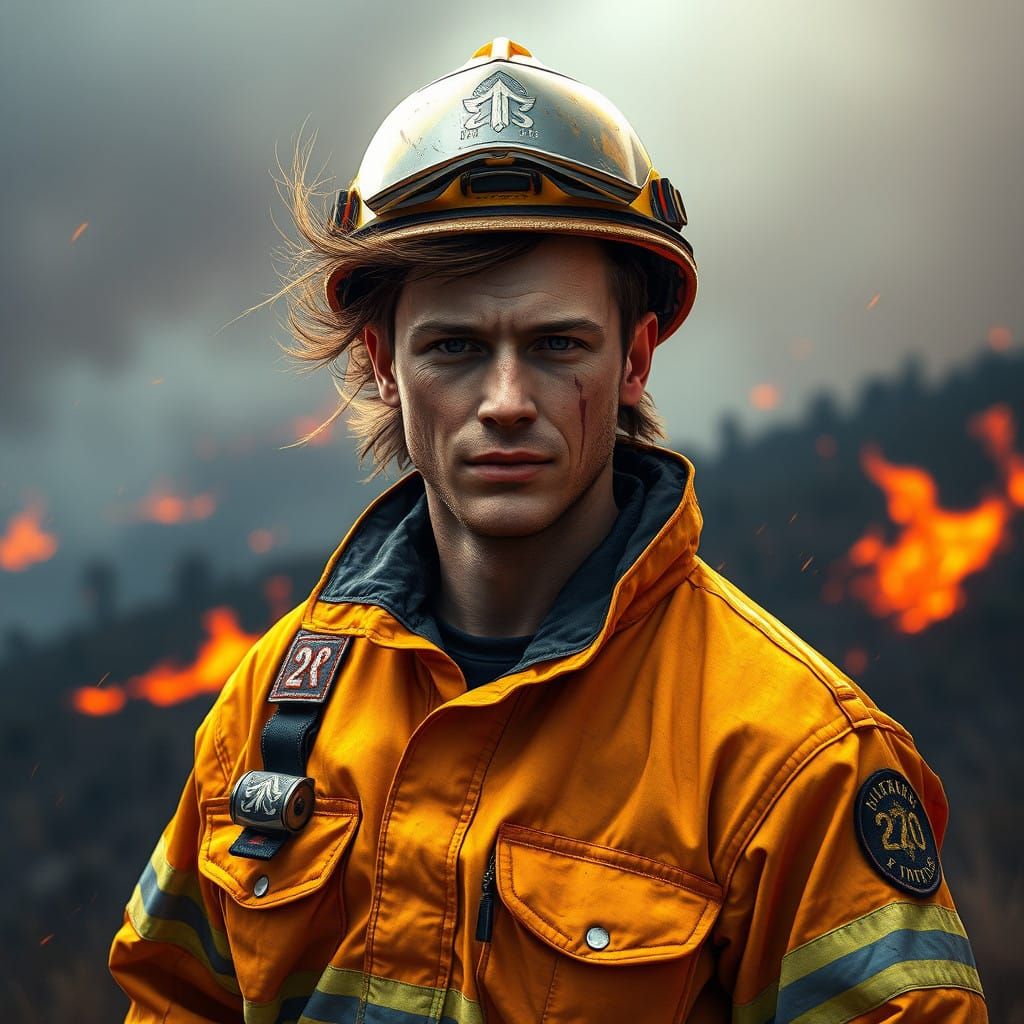 An 20 year old male Australian firefighter with a wind-blown look ...