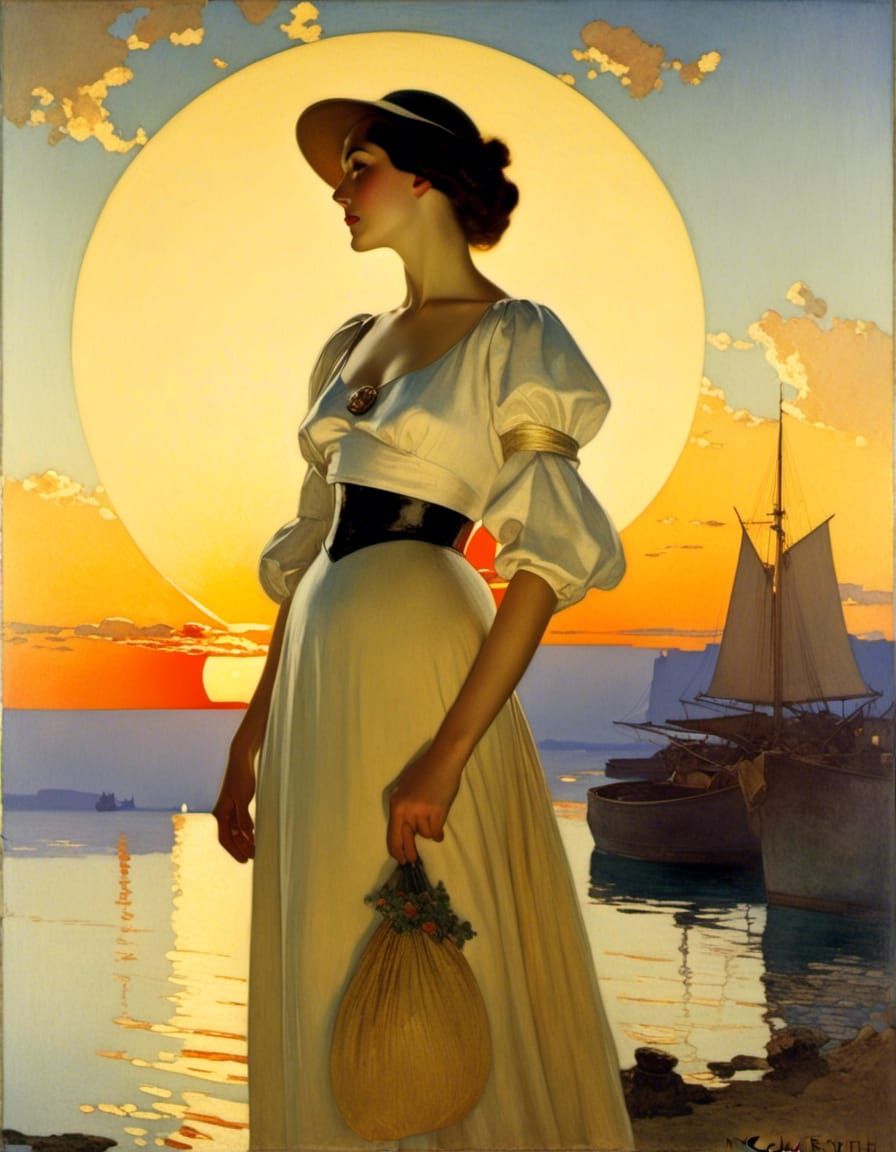 N.C. Wyeth, Olga portrait, golden shimmer, gilded sunset - AI Generated Artwork - NightCafe Creator