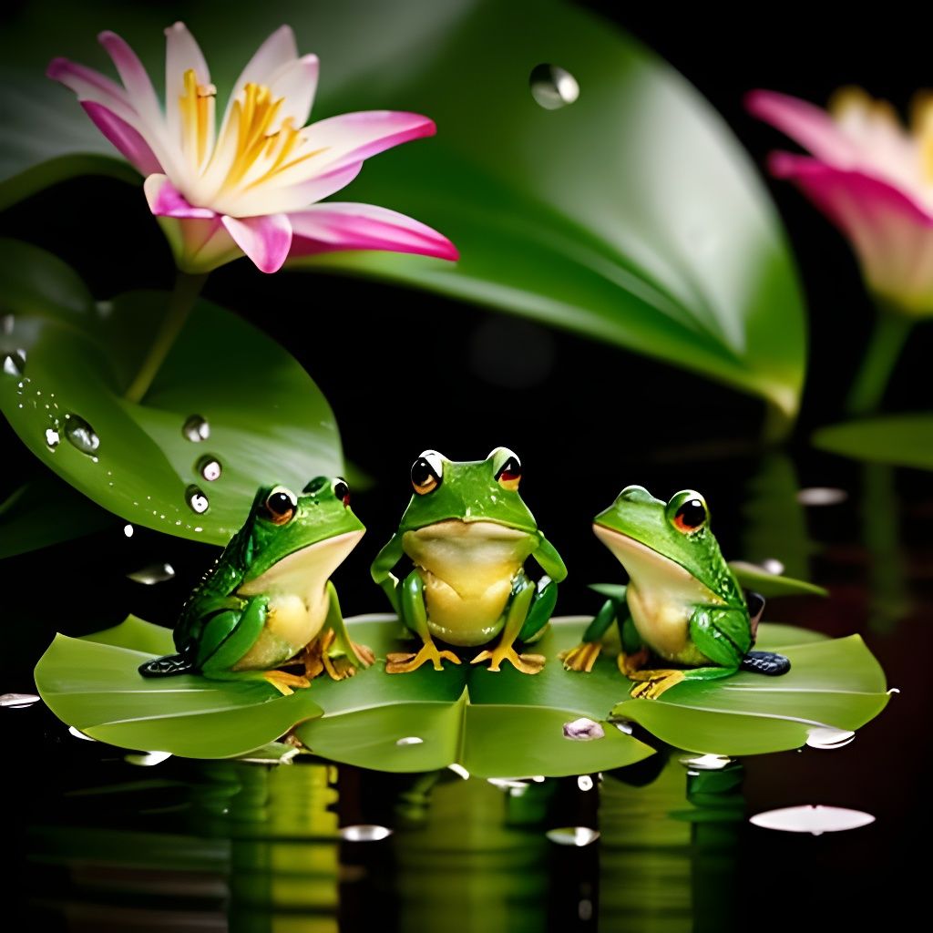Three frogs sitting each on their floating lilly leaves staring at a ...