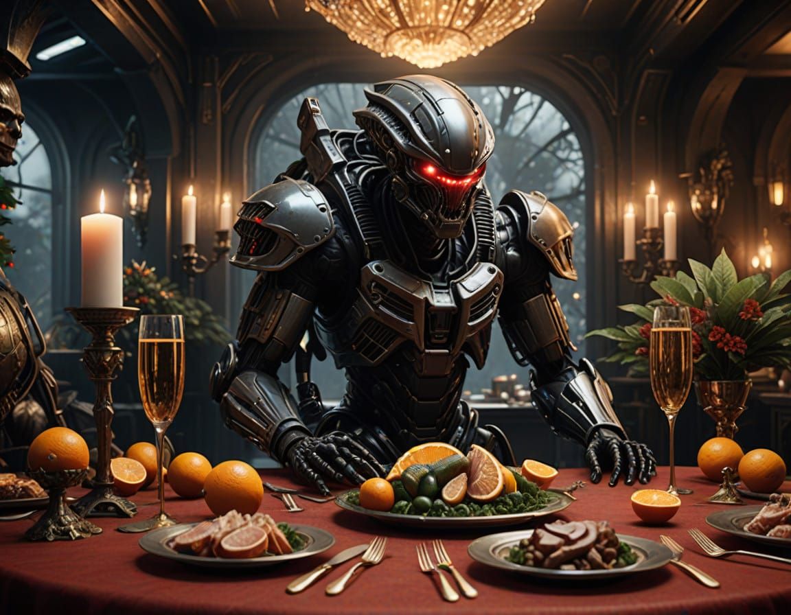 Alien Xenomorphs Celebrate Holiday Feast in Futuri... - AI Art