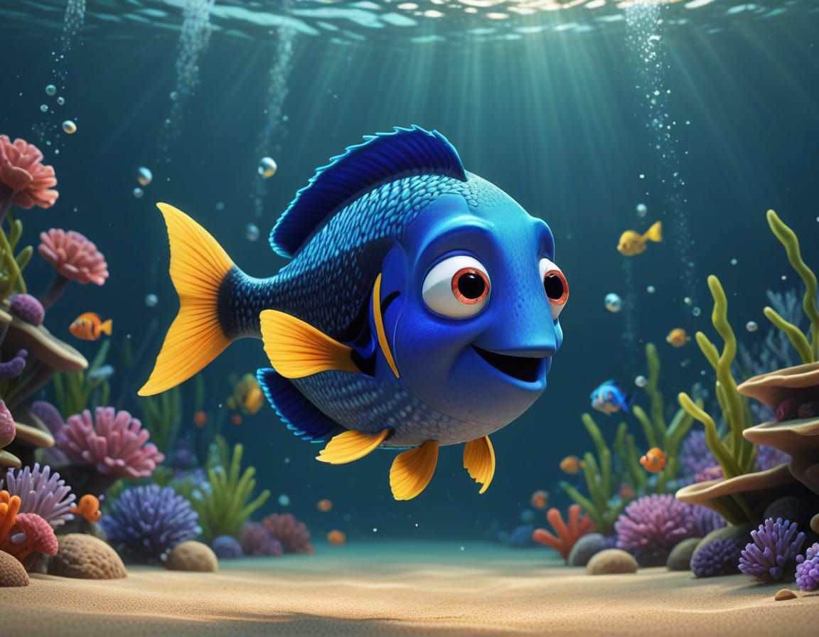 3D Pixar level cute little fish, swim in clean water