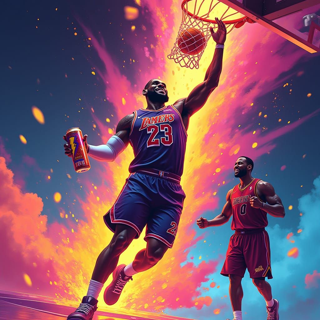 Lebron James Dunks Energy Drink in a Futuristic Sp... - AI Art
