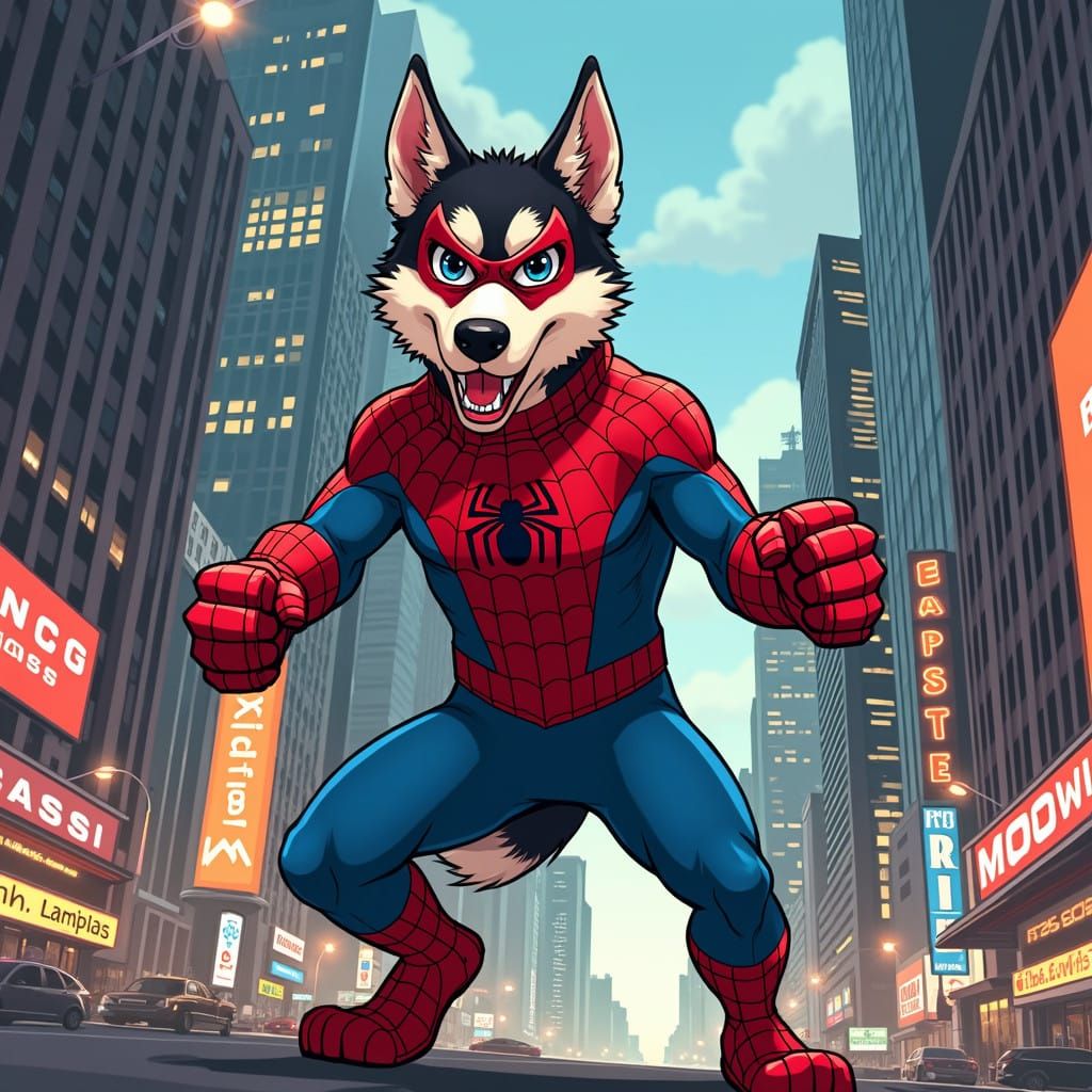 Husky Dog as Spiderman Swinging Through NYC Skyscr... - AI Art