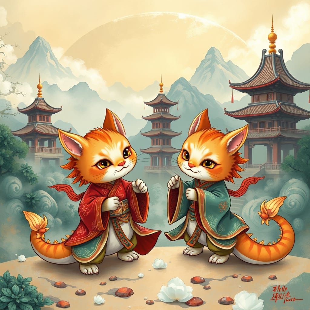 chibi cat dragons playing, wuxia background