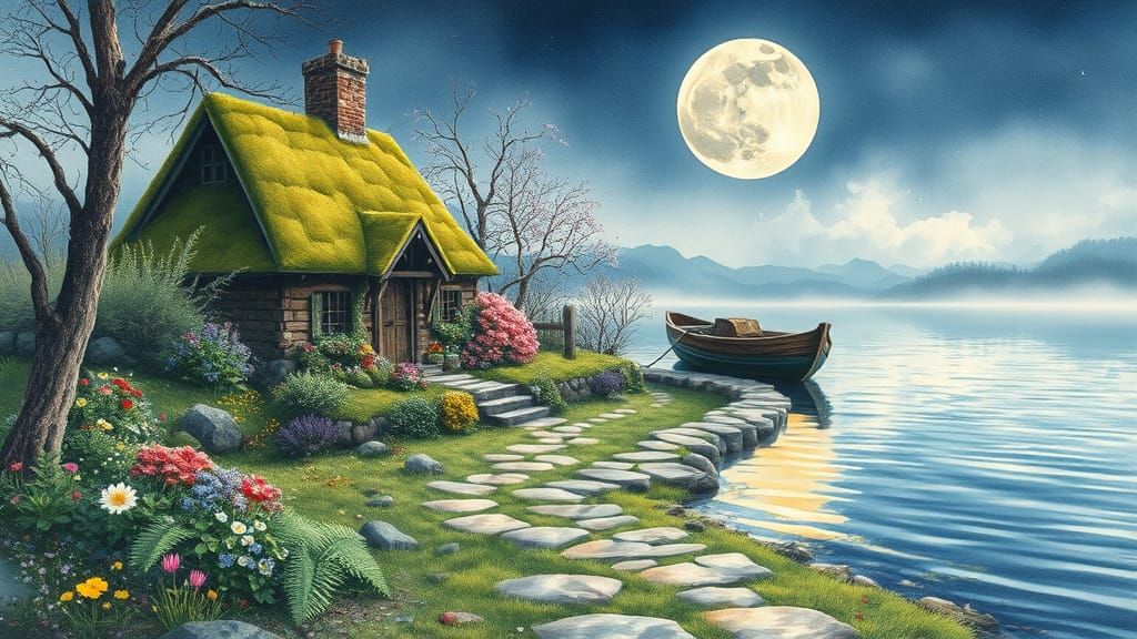 Moonlit spring landscape. - Dreamy Watercolor Spring Scene ...