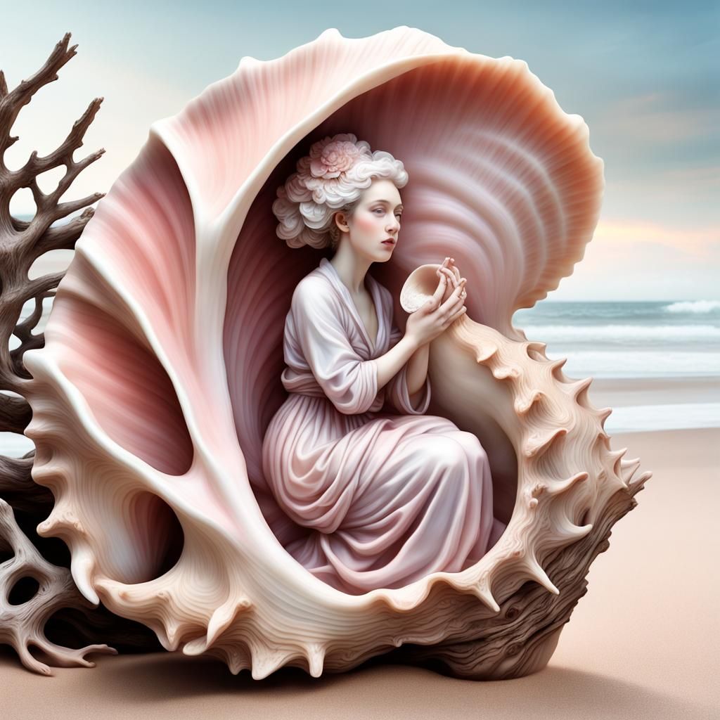beautiful enchanting ethereal conch shell woman netsuke, surrealism ...