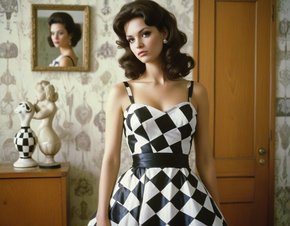 Epic 60's Mod Medusa Blows Kiss in Checkerboard Wo... - AI Art