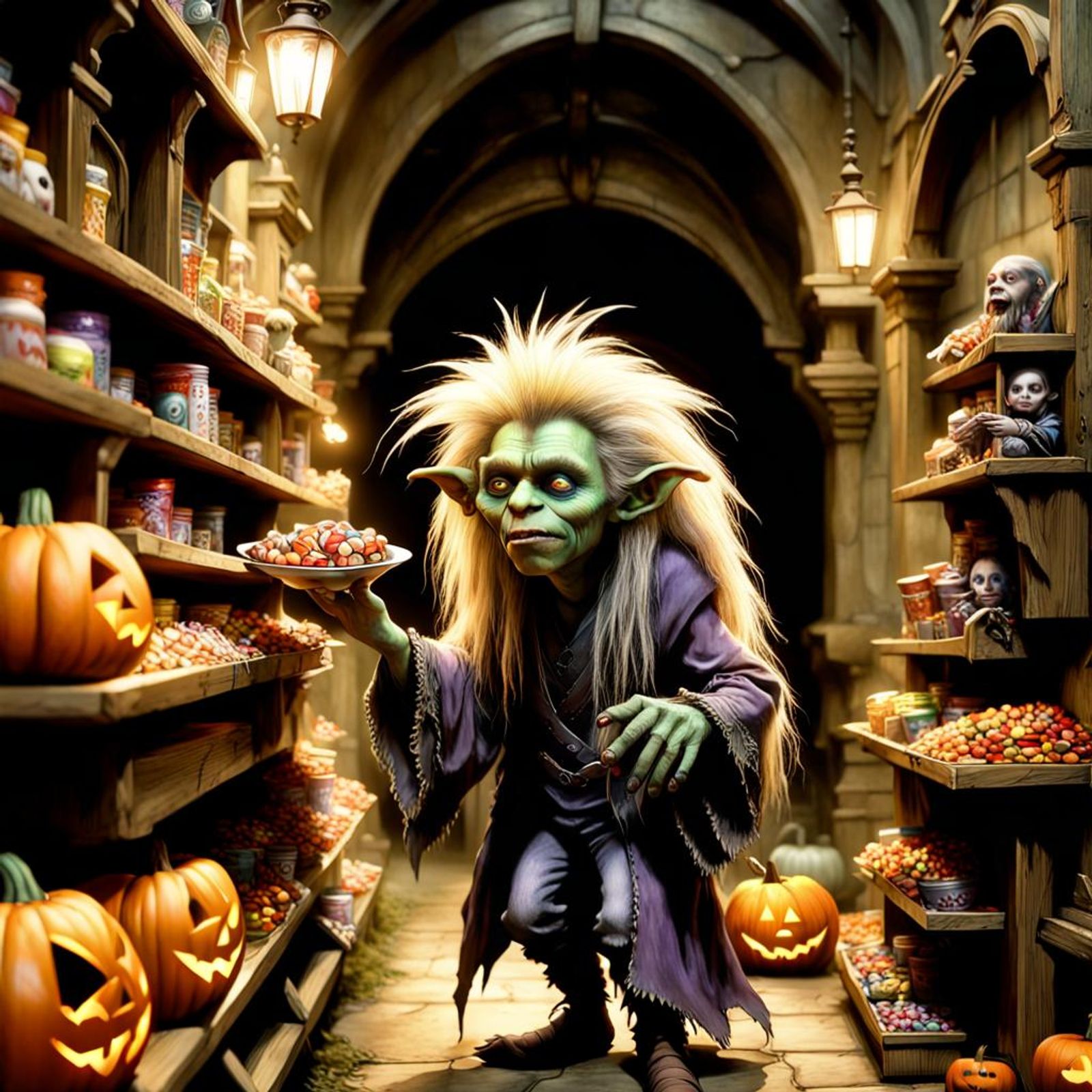 Jareth, Goblin king giving Halloween candy to goblin trick or treaters by Brian Froud Tim Burton ...