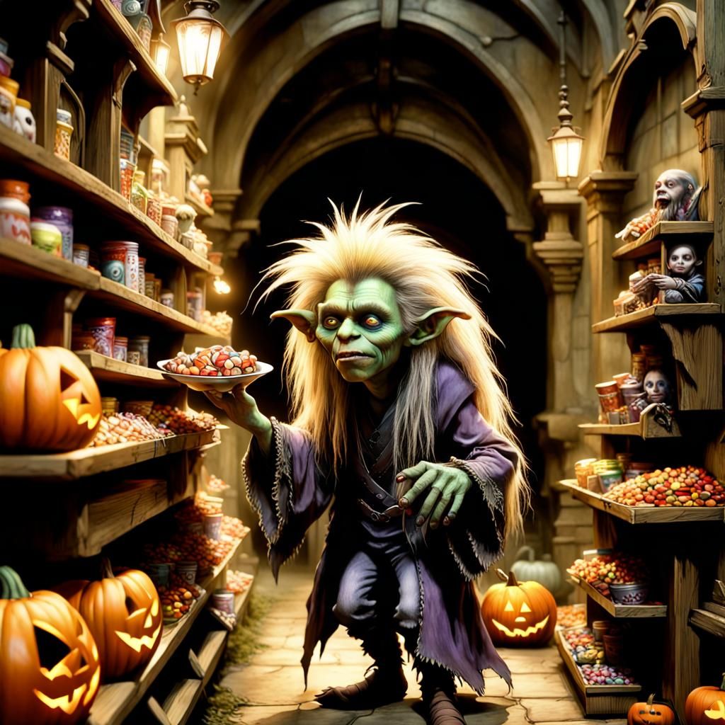 Jareth, Goblin king giving Halloween candy to goblin trick or treaters ...