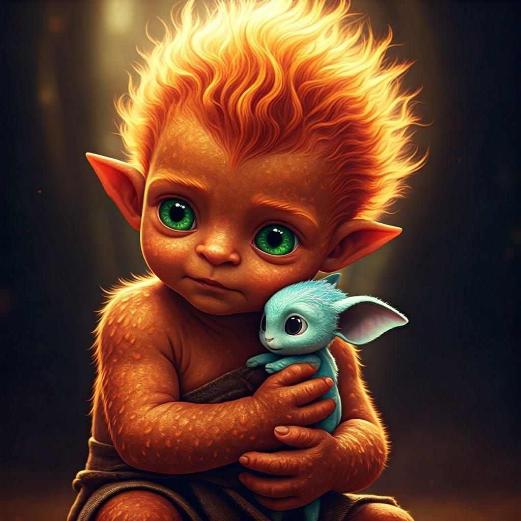 Majestic Troll Infant Hugs Iridescent Ragoon in Dr... - AI Art