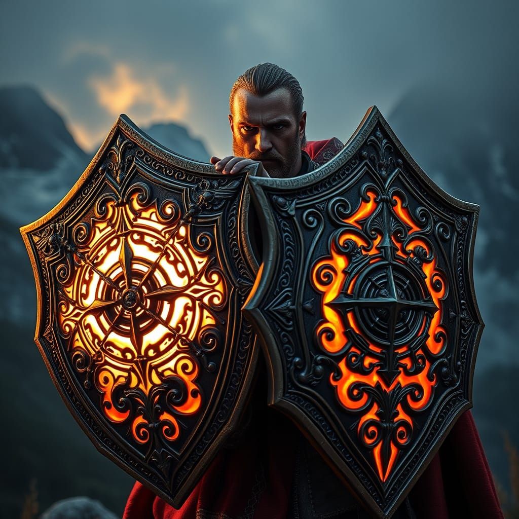 Knight in Ornate Armor Wields Mystical Shield - AI Art