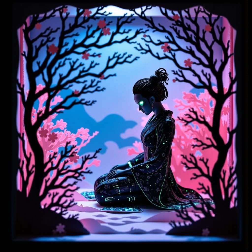 Cyberpunk Geisha in Serene Zen Garden, Papercut Di... - AI Art