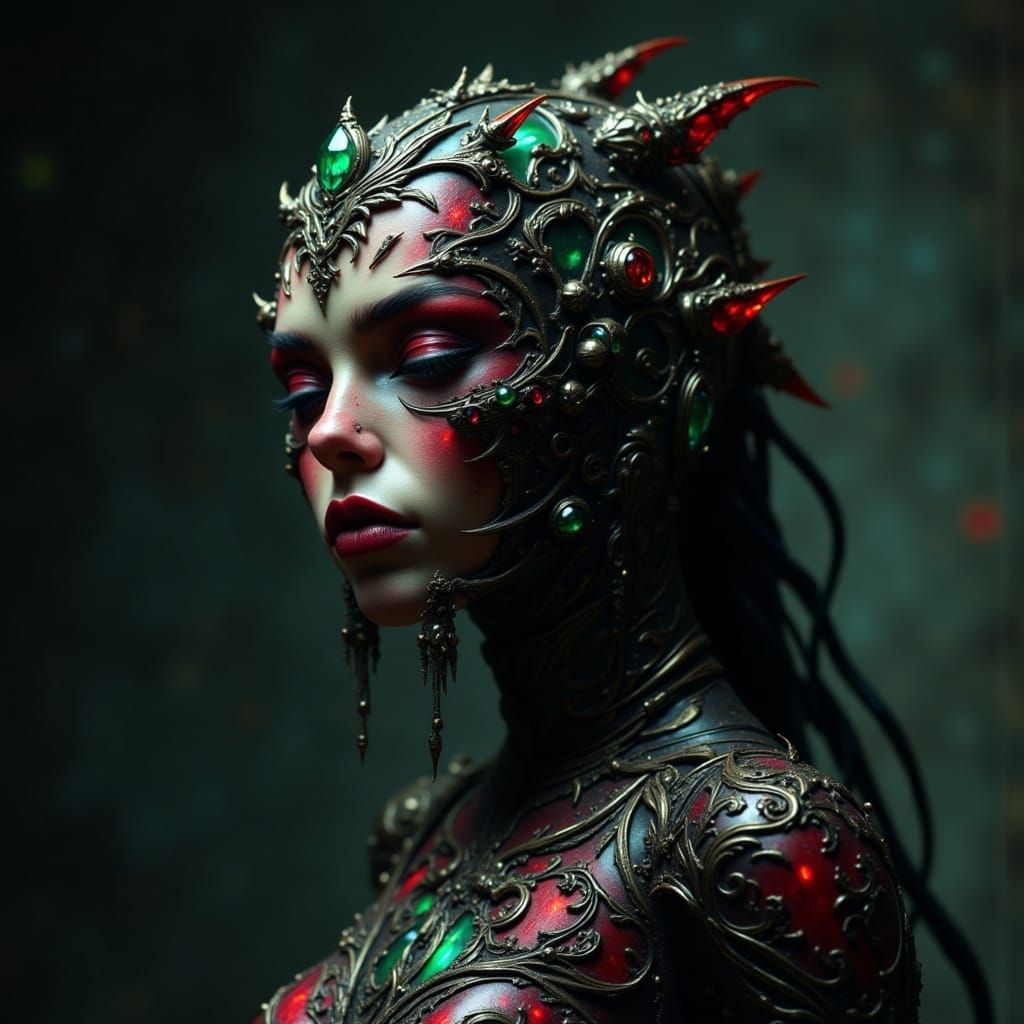 femme scorpion visage d'ange armure gotique rouge sang vert poison ...