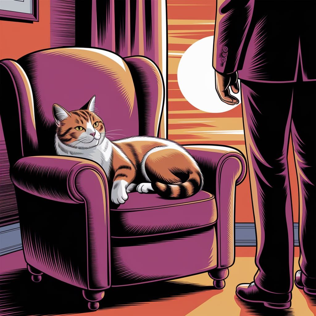 Relaxed Cat in Armchair, Comic Book Art Style - AI Art