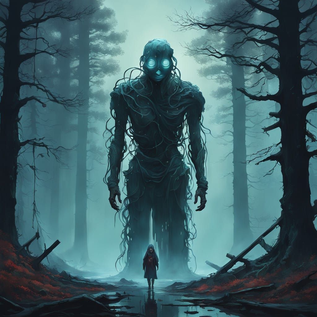 A woman slumped under the weight of a dark, misty aura, her body warped ...