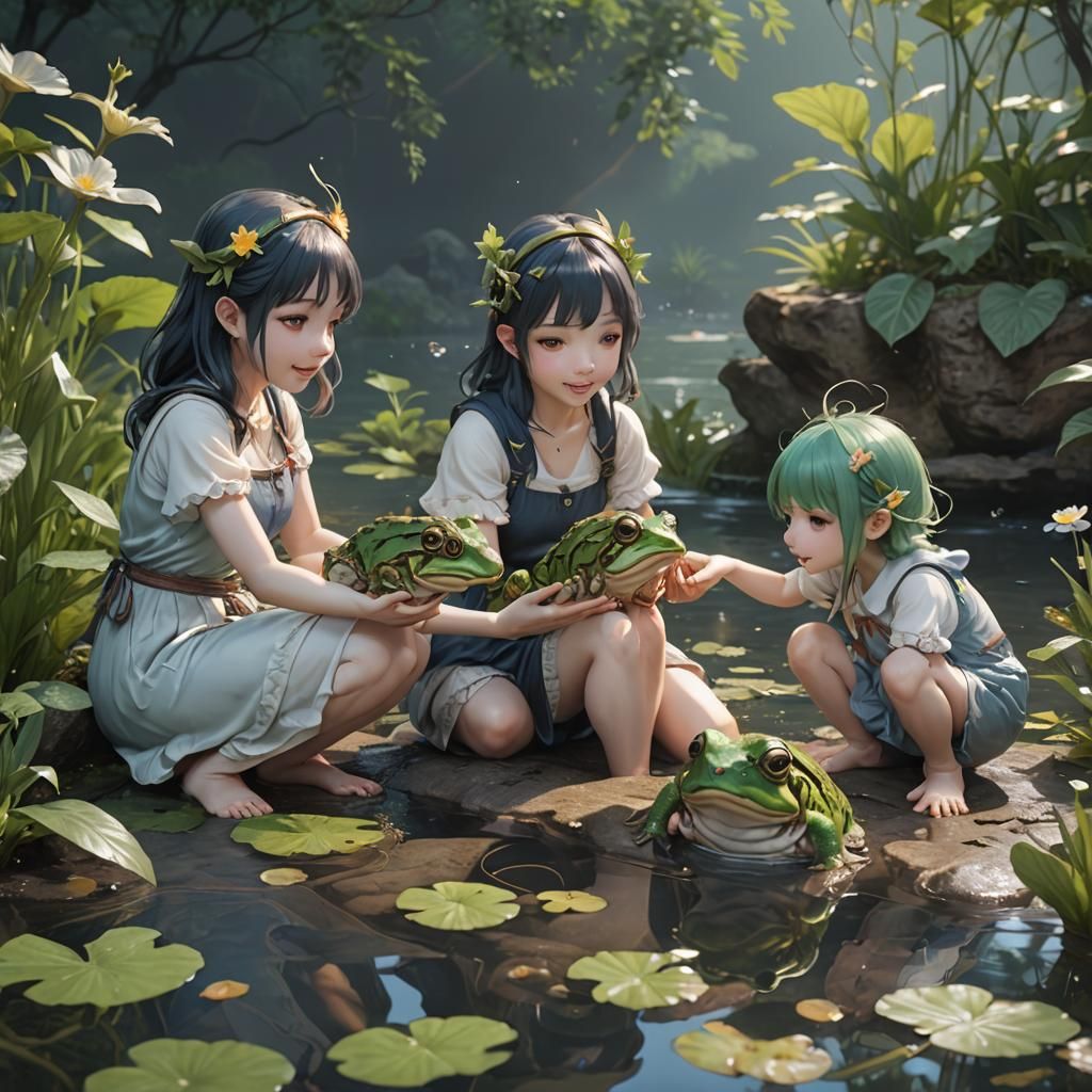 a group of water pixies playing with bullfrogs. - AI Generated Artwork - NightCafe Creator
