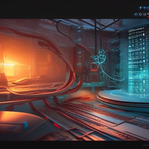 software computers connected in a cable mess detailed matte painting ...