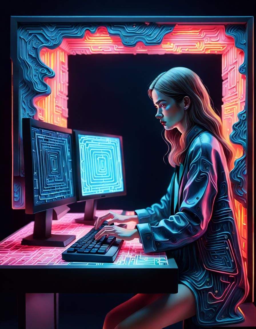 computer with screen and keyboard and a dressed woman stepping out of ...