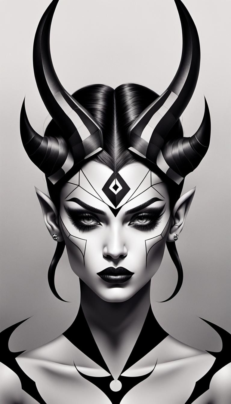 Geometric Tattoo Designs of a demon lady with strong facial expression ...