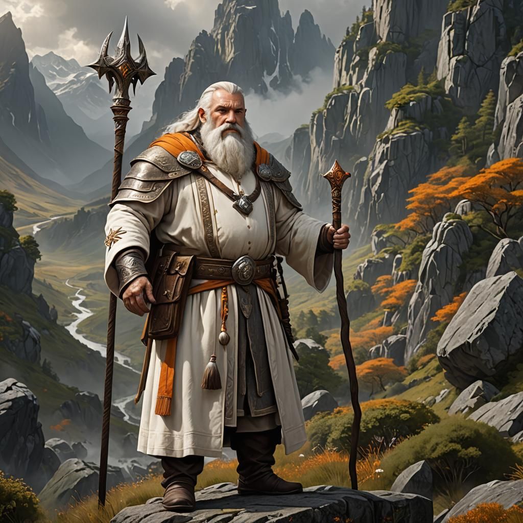 One dwarven cleric with white Hear and beard with troddels, wearing a ...